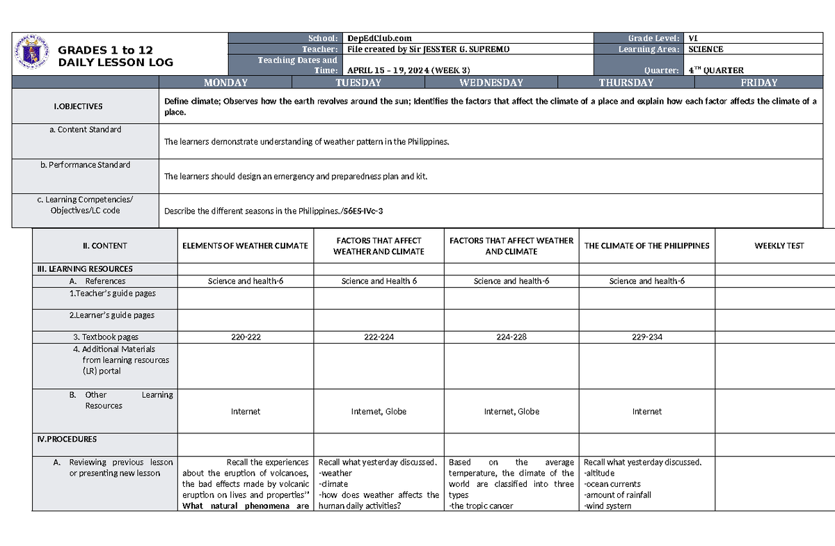 DLL Science 6 Q4 W3 - edede - GRADES 1 to 12 DAILY LESSON LOG School ...