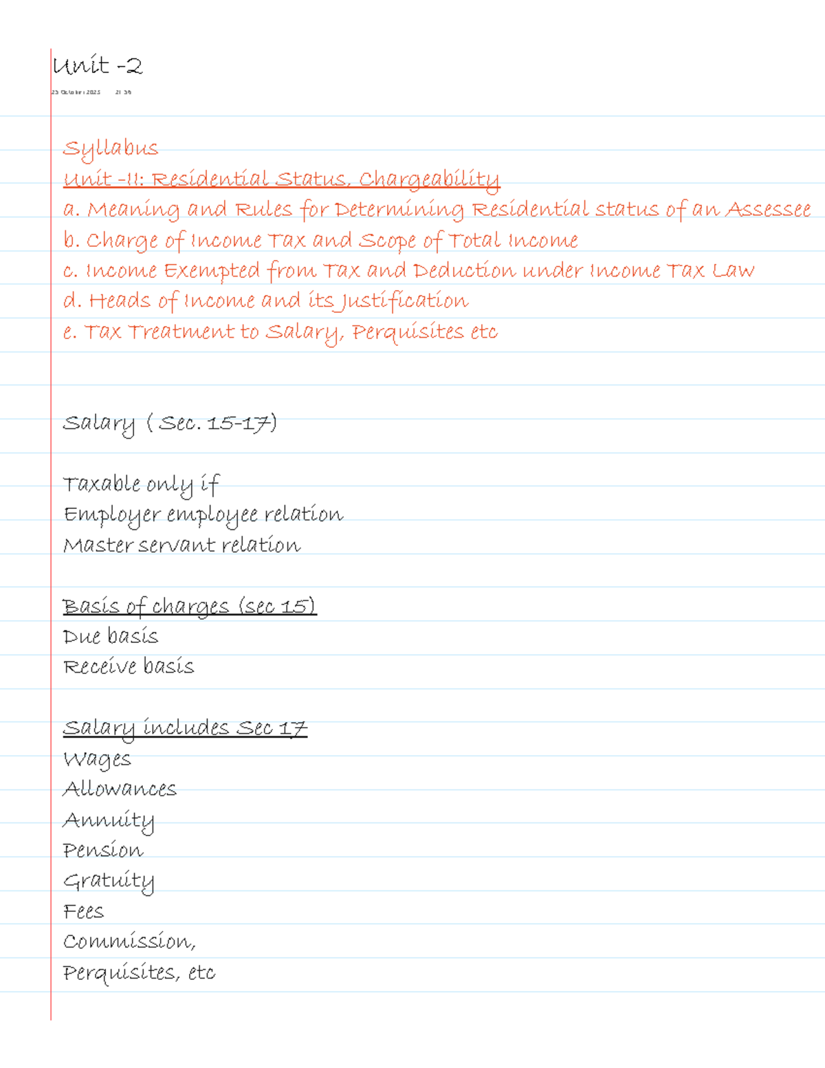 Salary notes - Syllabus Unit - II: Residential Status, Chargeability a ...