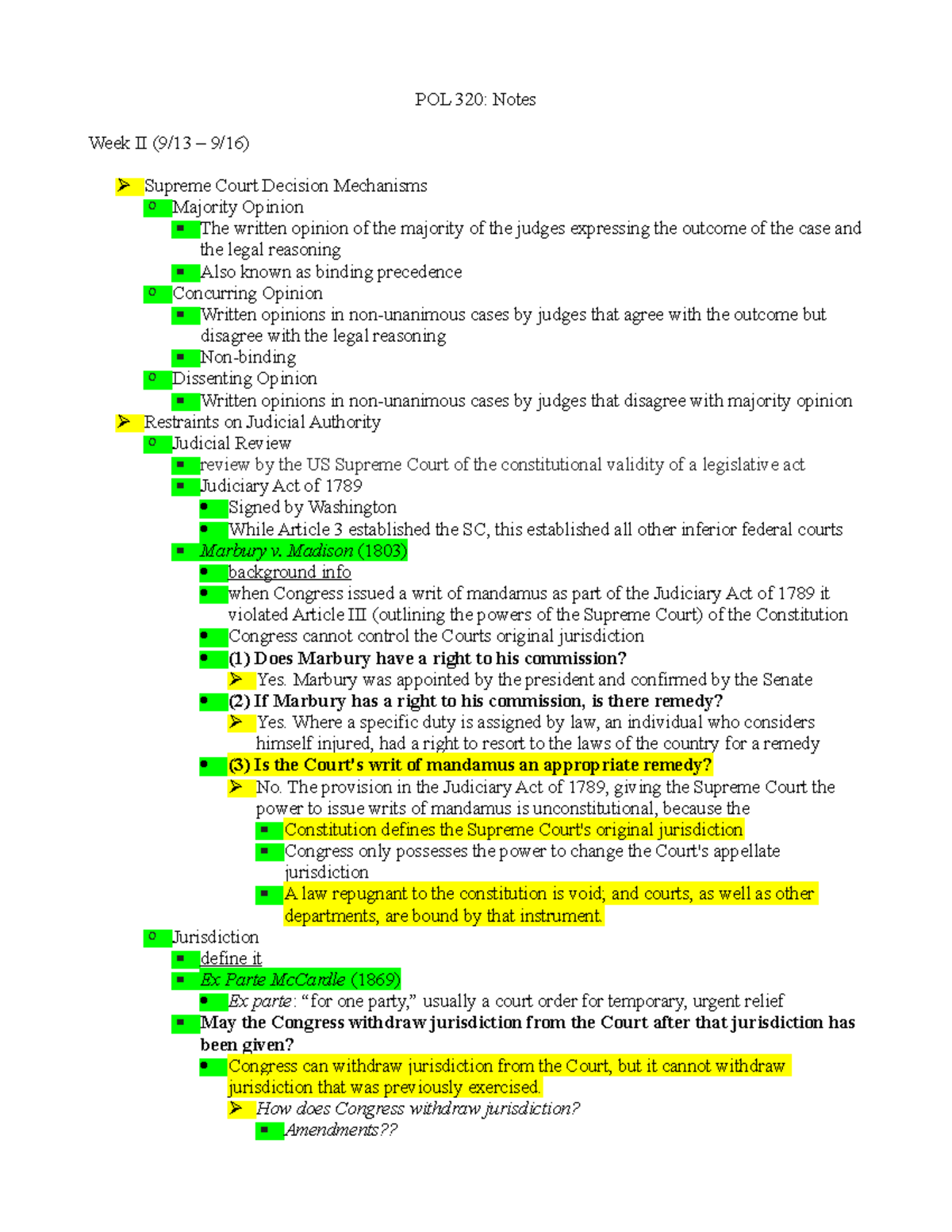 POL 320: In-Class Notes - POL 320: Notes Week II (9/13 – 9/16) Supreme ...