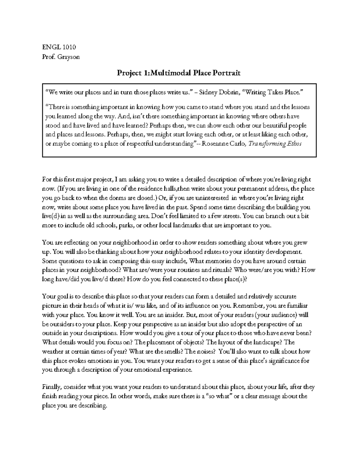 Project 1 Multimodal Place Portrait - ENGL 1010 Prof. Grayson Project 1 ...