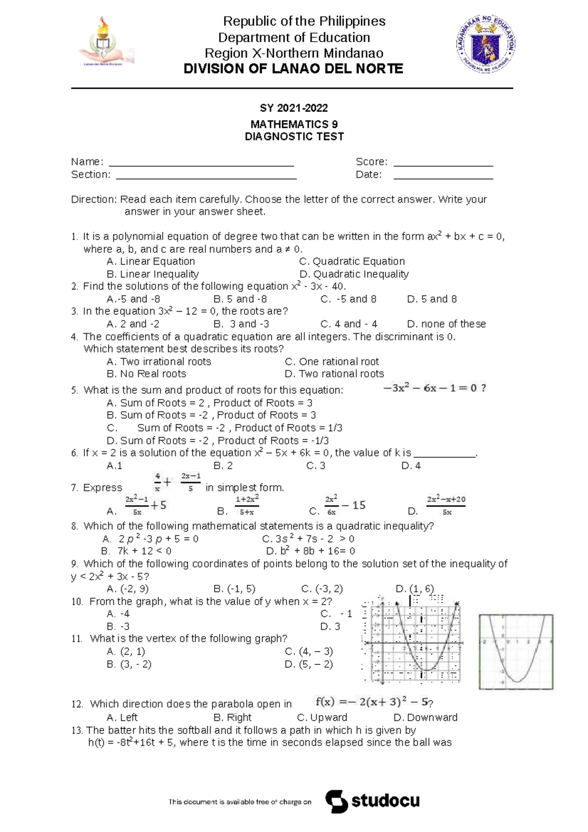 Math-9-diagnostic - Summative test - Republic of the Philippines ...
