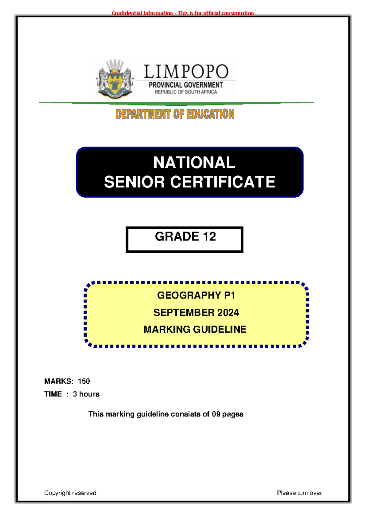 Geography P1 Memo 202409 - GRADE 12 MARKS: 150 TIME : 3 hours This ...