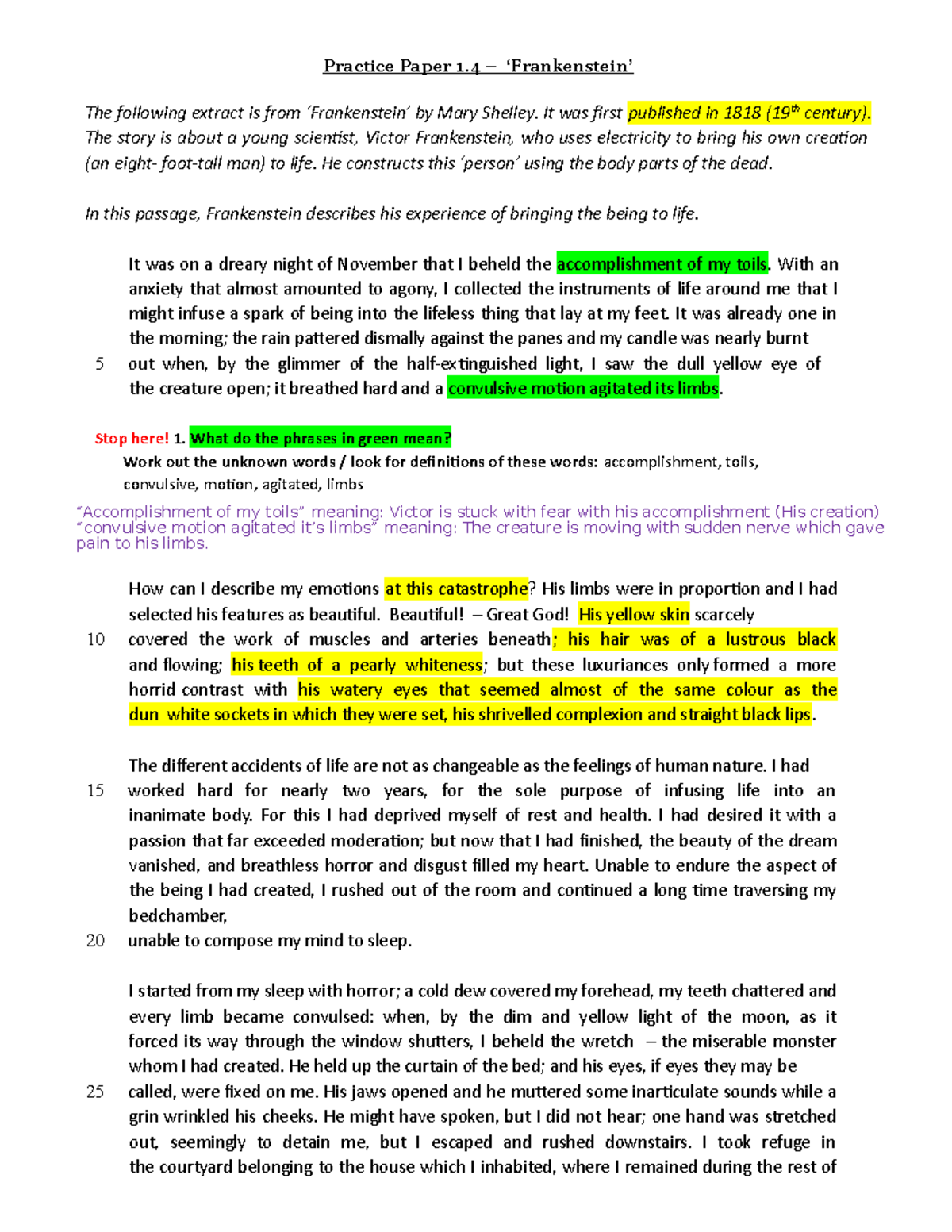 English Task 4 Frankenstein - Practice Paper 1 – ‘Frankenstein’ The ...