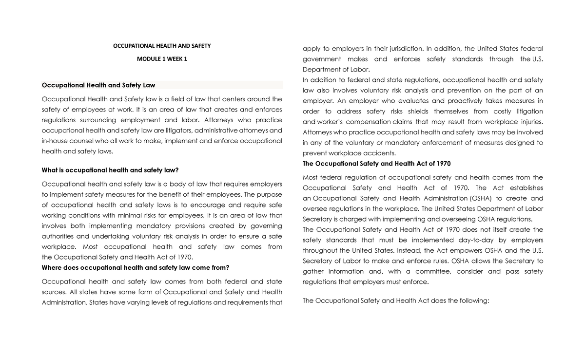 OHS Module 1 - n/a - OCCUPATIONAL HEALTH AND SAFETY MODULE 1 WEEK 1 Occupational Health and ...