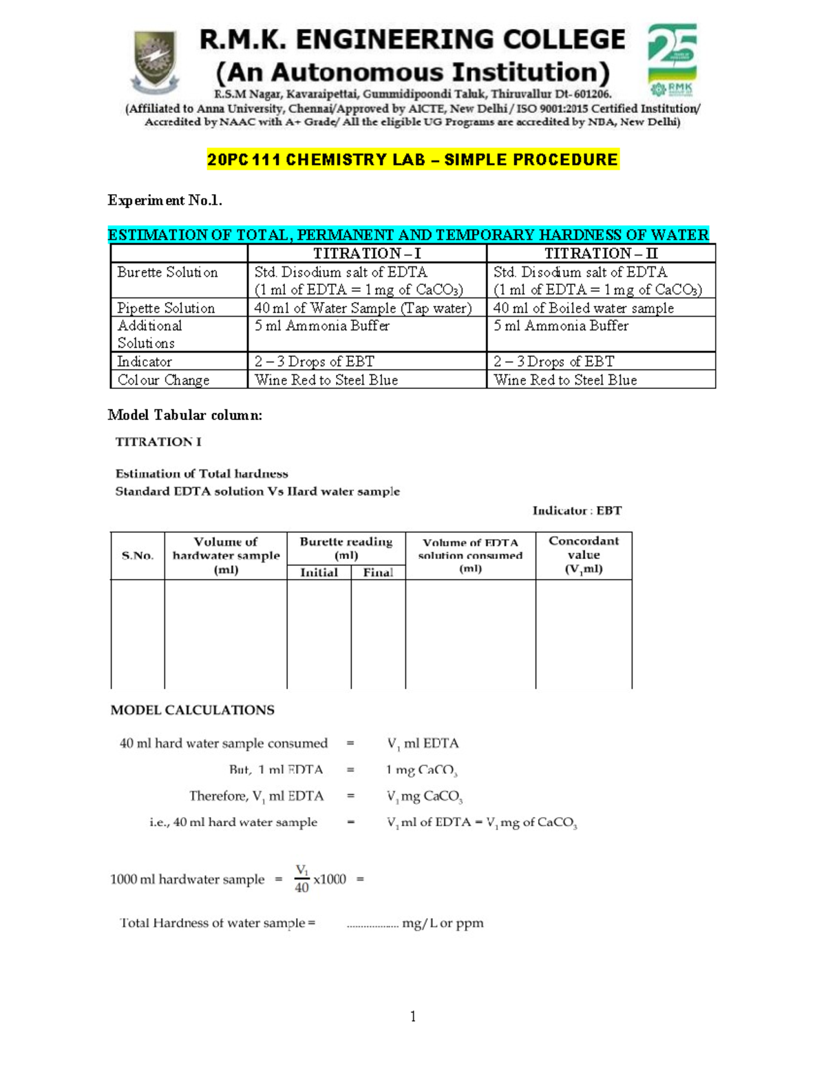 Chemistry Lab Simple procedure - 20PC111 CHEMISTRY LAB – SIMPLE ...
