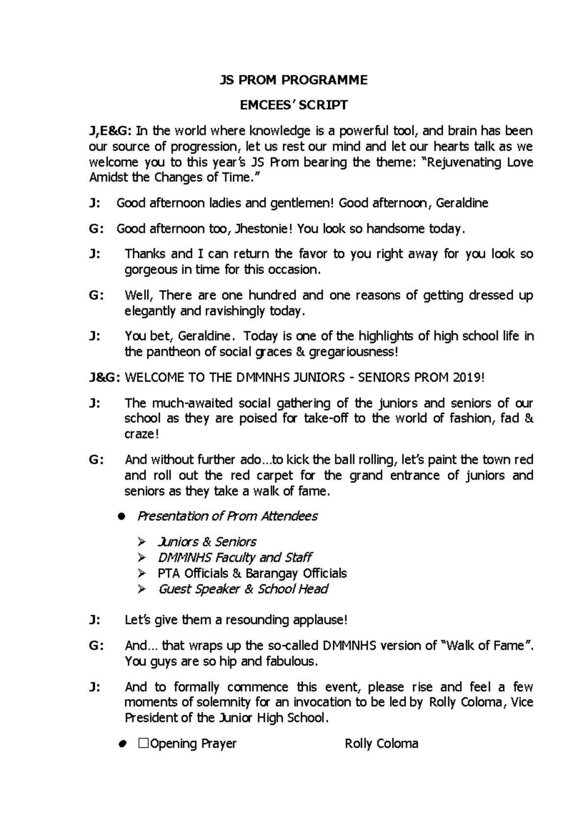 Ilide - vev - JS PROM PROGRAMME EMCEES’ SCRIPT J,E&G: In the world ...