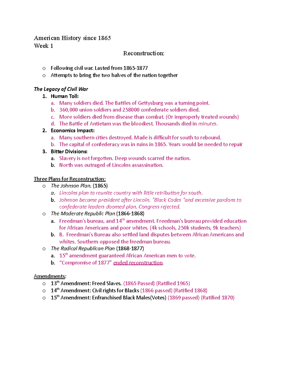 HIST Week 1 Notes-Reconstruction: Jim Crow - American History since ...