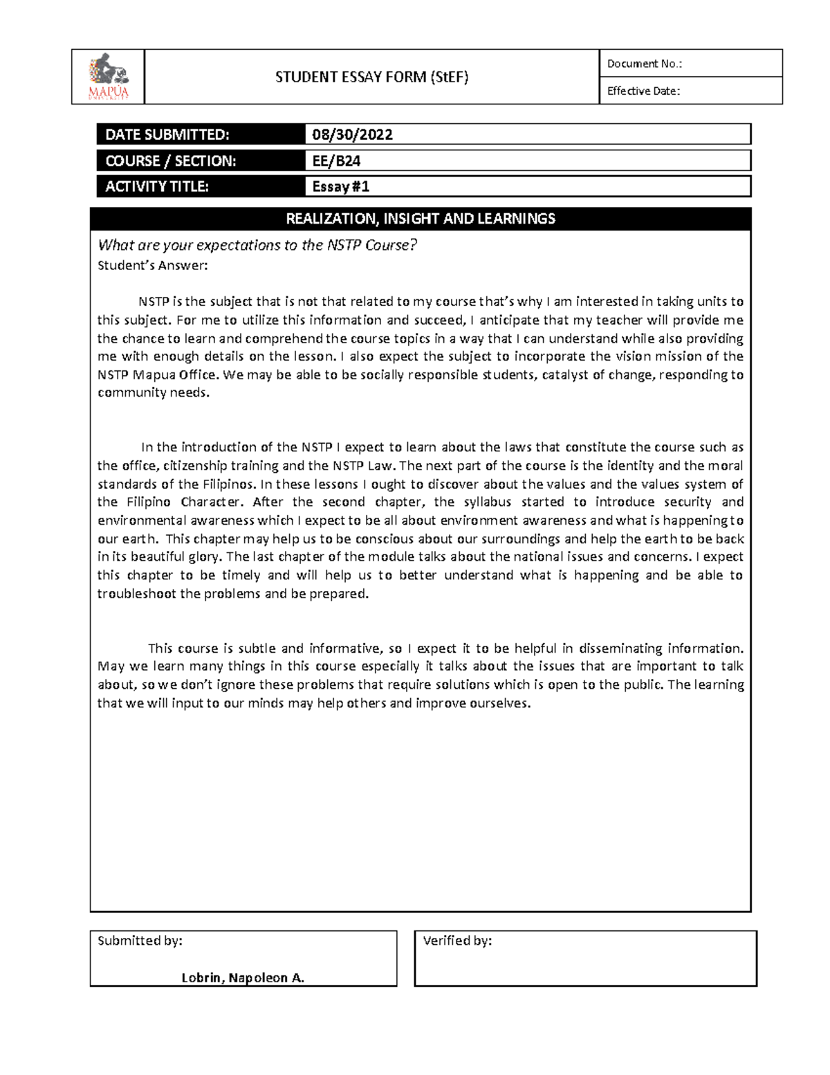 Lobrin - NSTP 100 Essay #1 - STUDENT ESSAY FORM (StEF) Document No ...