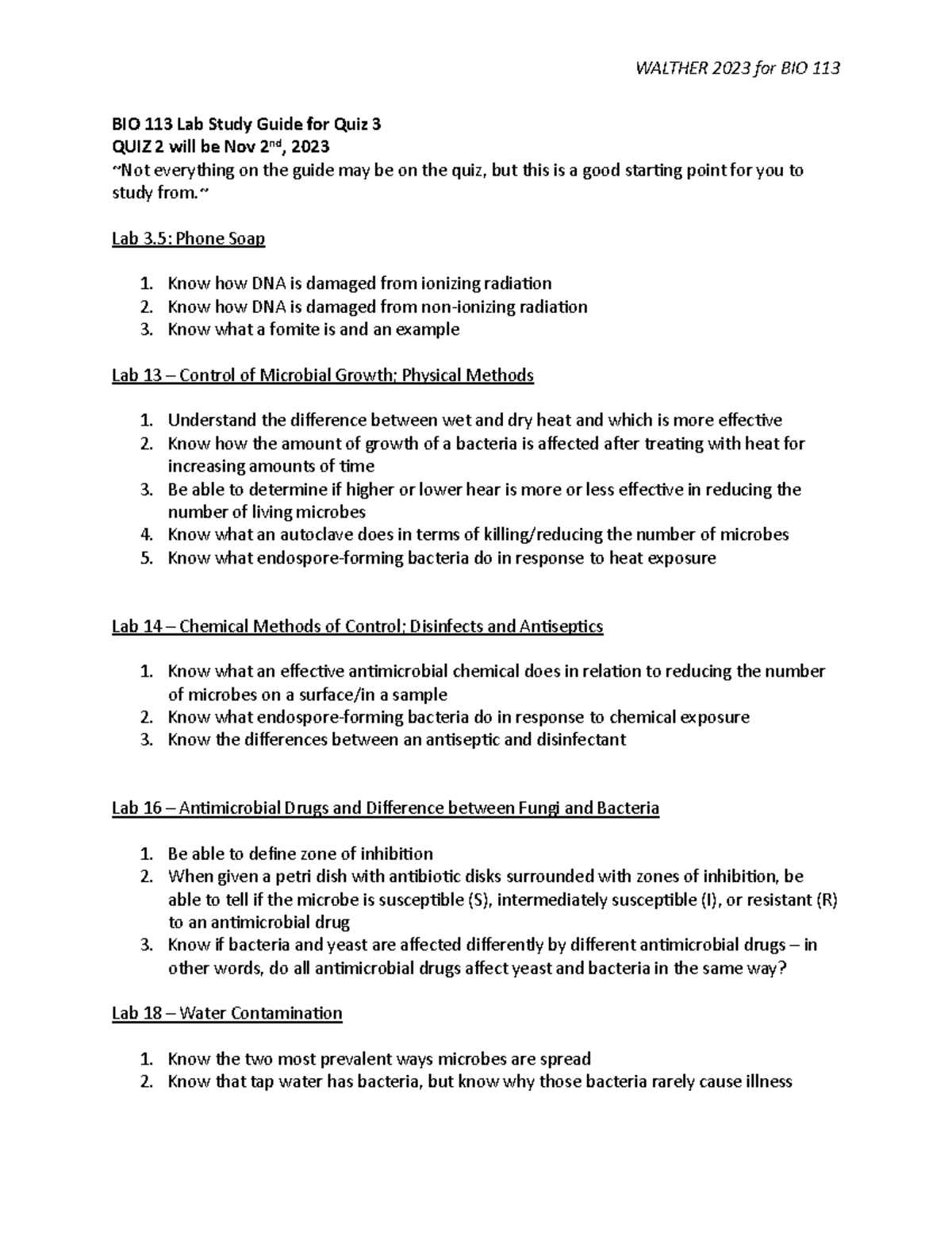 BIO 113 Lab Study Guide for Quiz 3-2 - WALTHER 2023 for BIO 113 BIO 113 ...