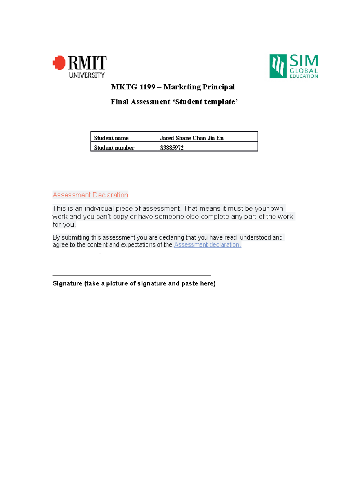 Student Example 1 Final Assesment - MKTG 1199 – Marketing Principal ...