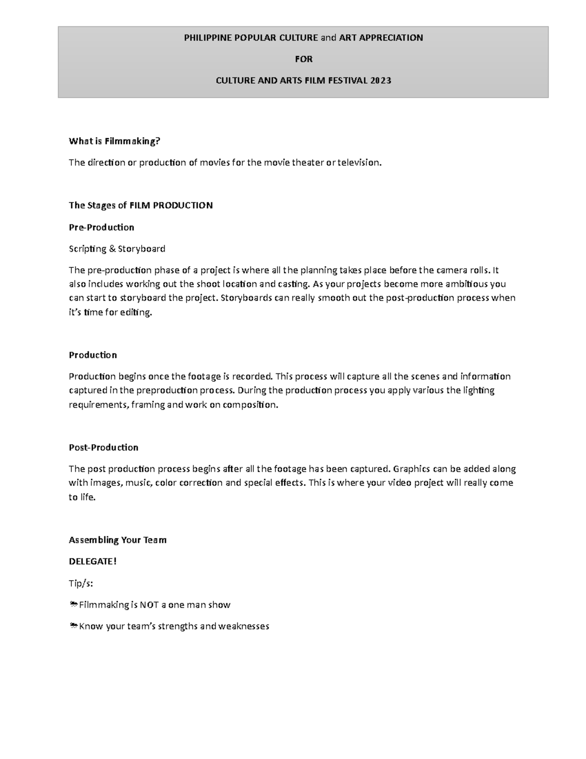 Topic 1 FILM Making Basics Handout - What is Filmmaking? The direction ...