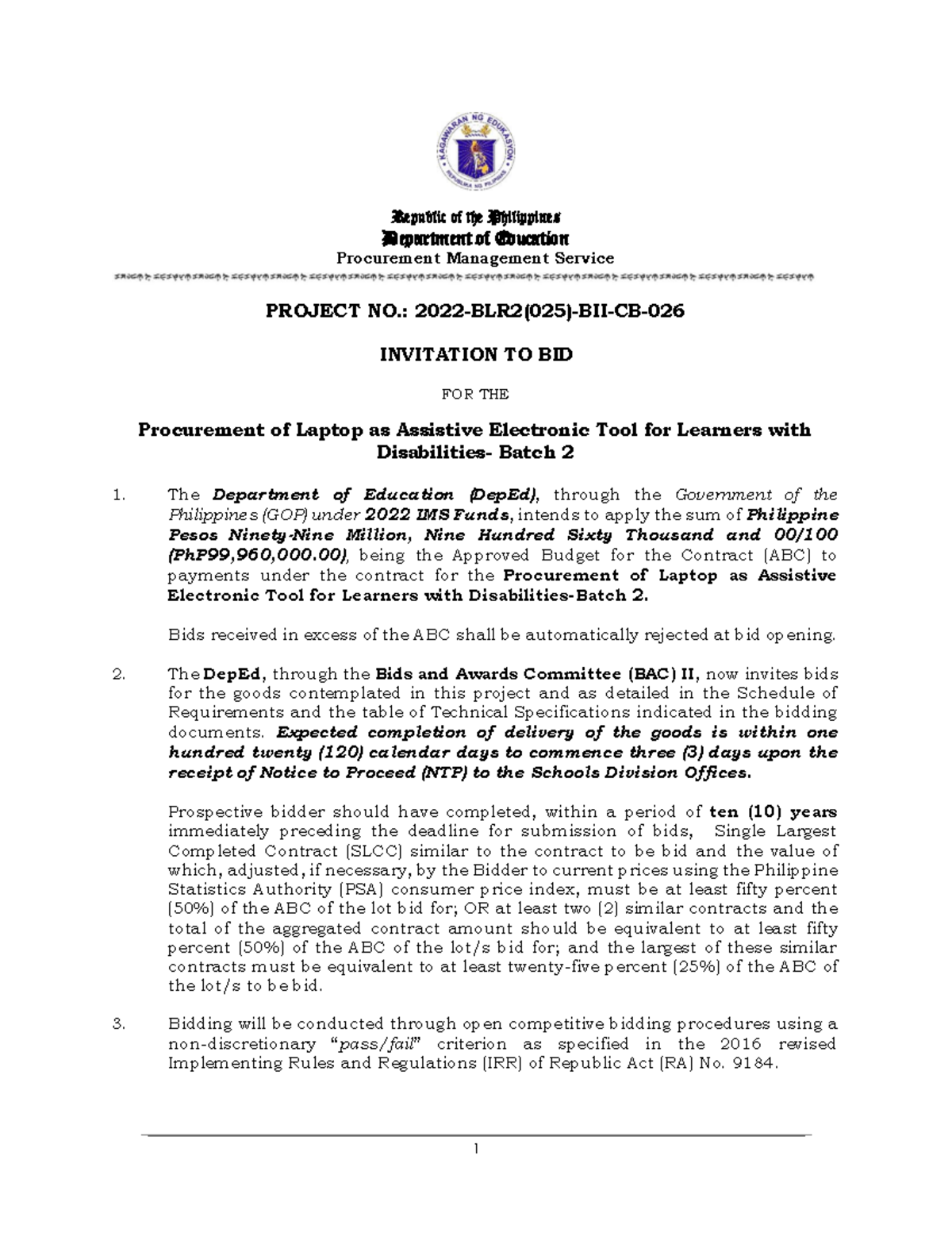 Invitation-to-Bid - Invitation to bid - 1 Republic of the Philippines Department of Education ...