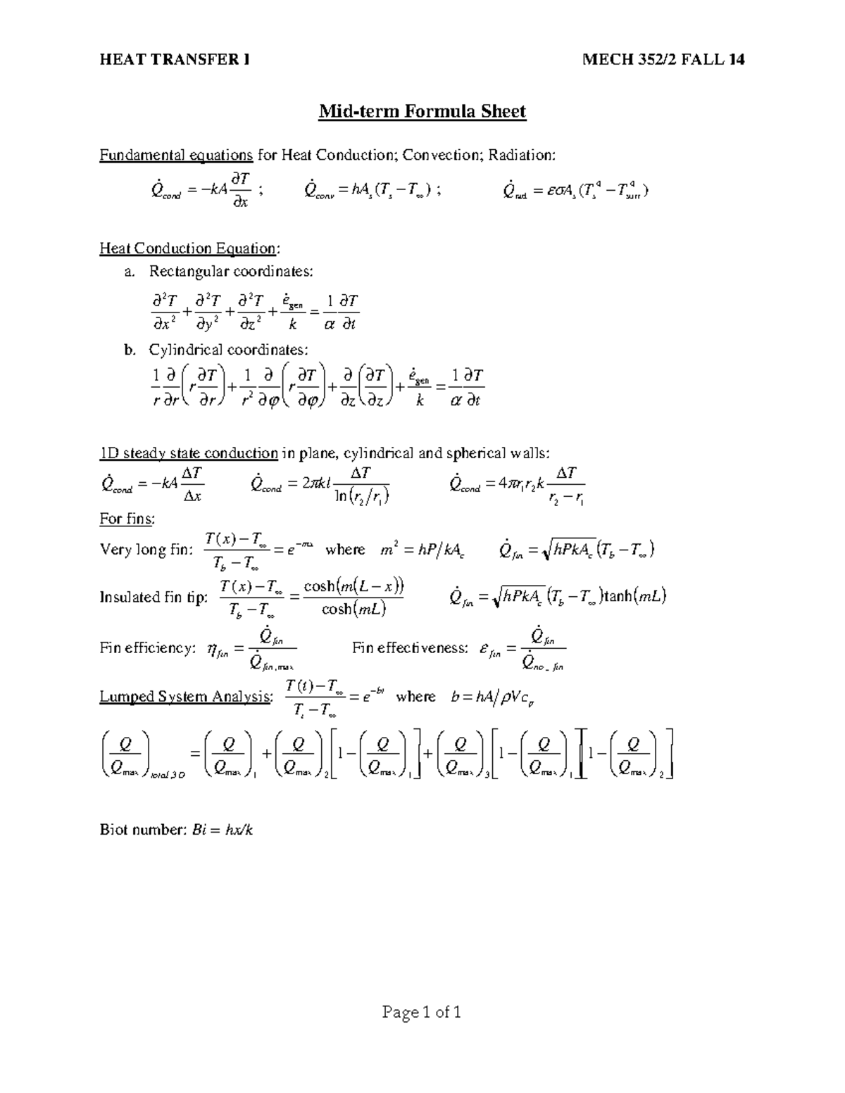 Midterm formula sheet - HEAT TRANSFER I MECH 352/2 FALL 14 Mid-term ...