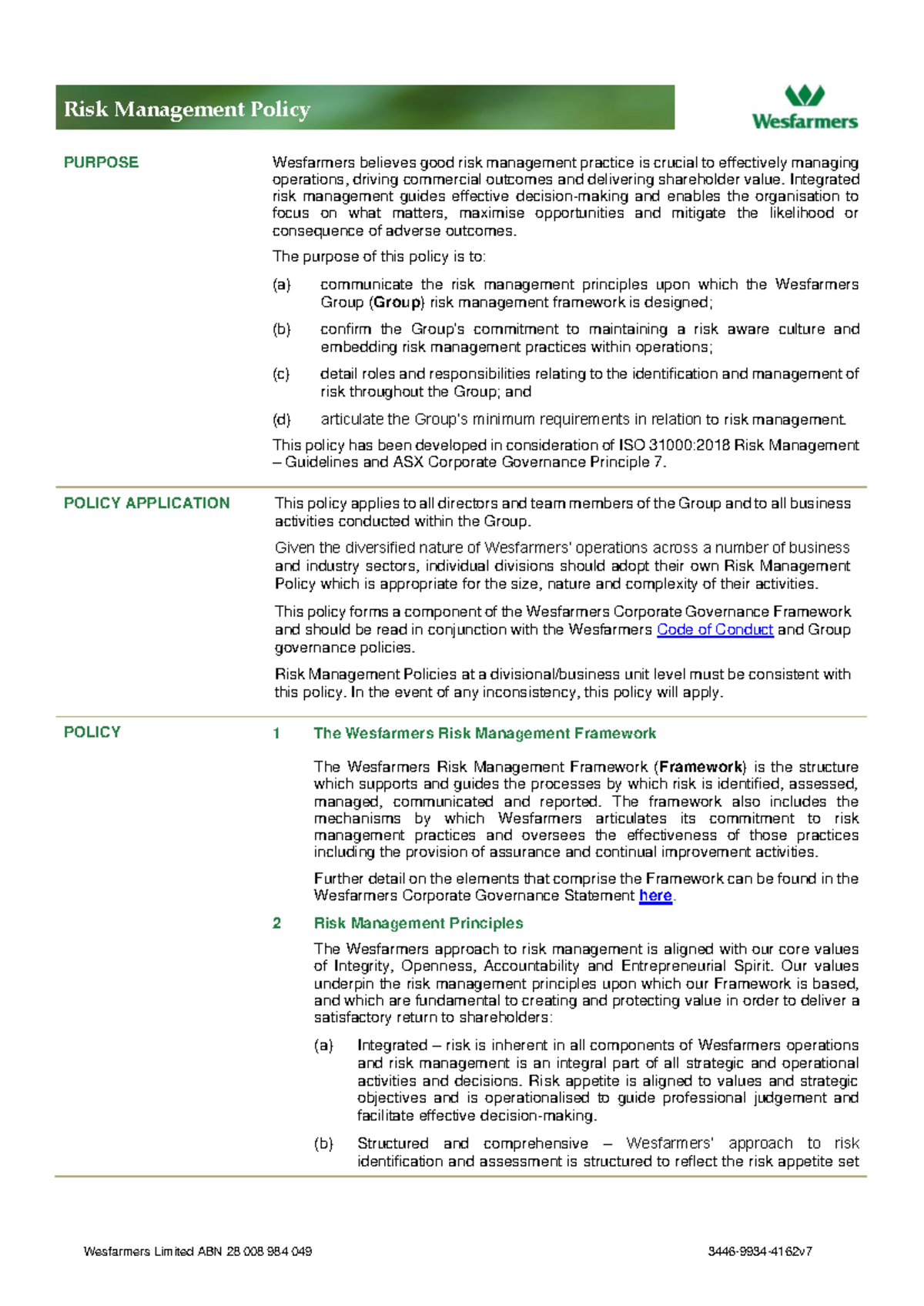 WSF Assignment - risk-management-policy - Wesfarmers Limited ABN 28 008 ...
