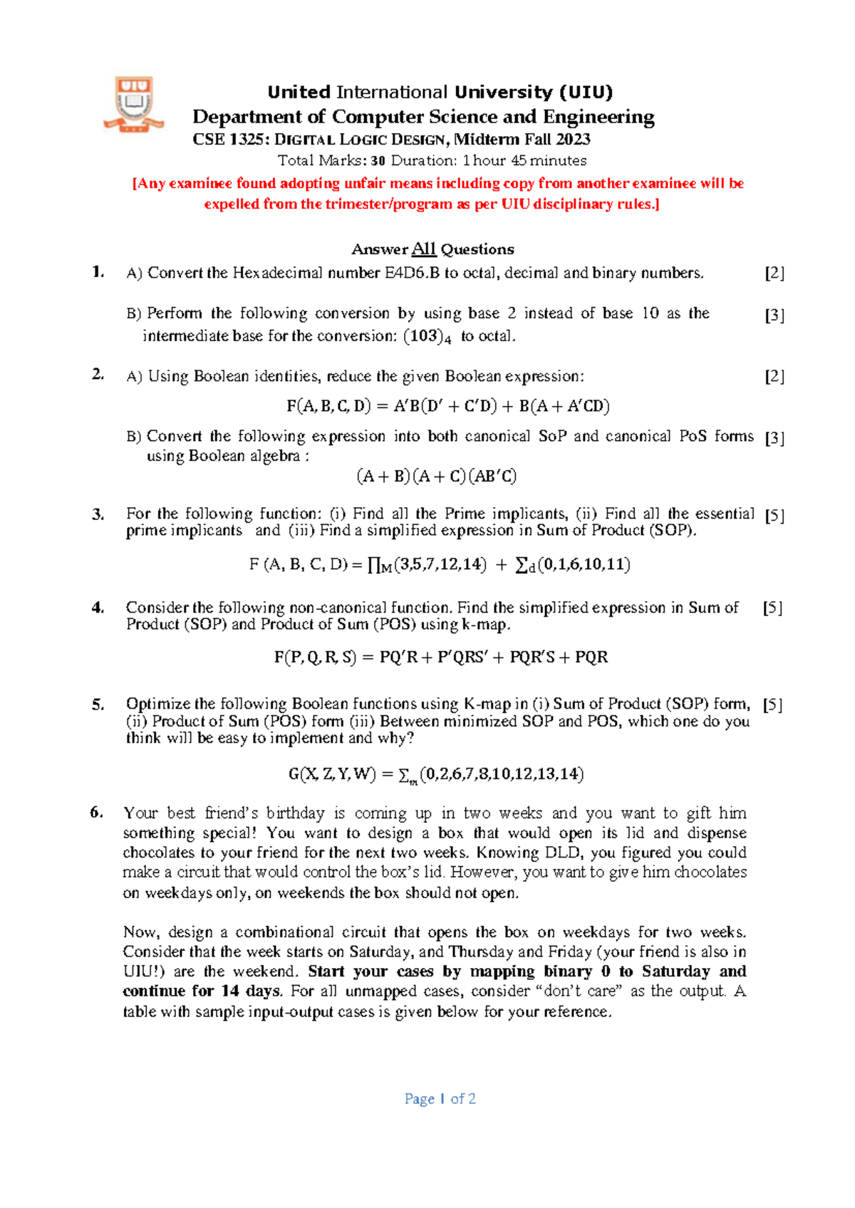 Digital Logic Design - Mid - Fall 2023 - Page 1 of 2 United International University (UIU) - Studocu