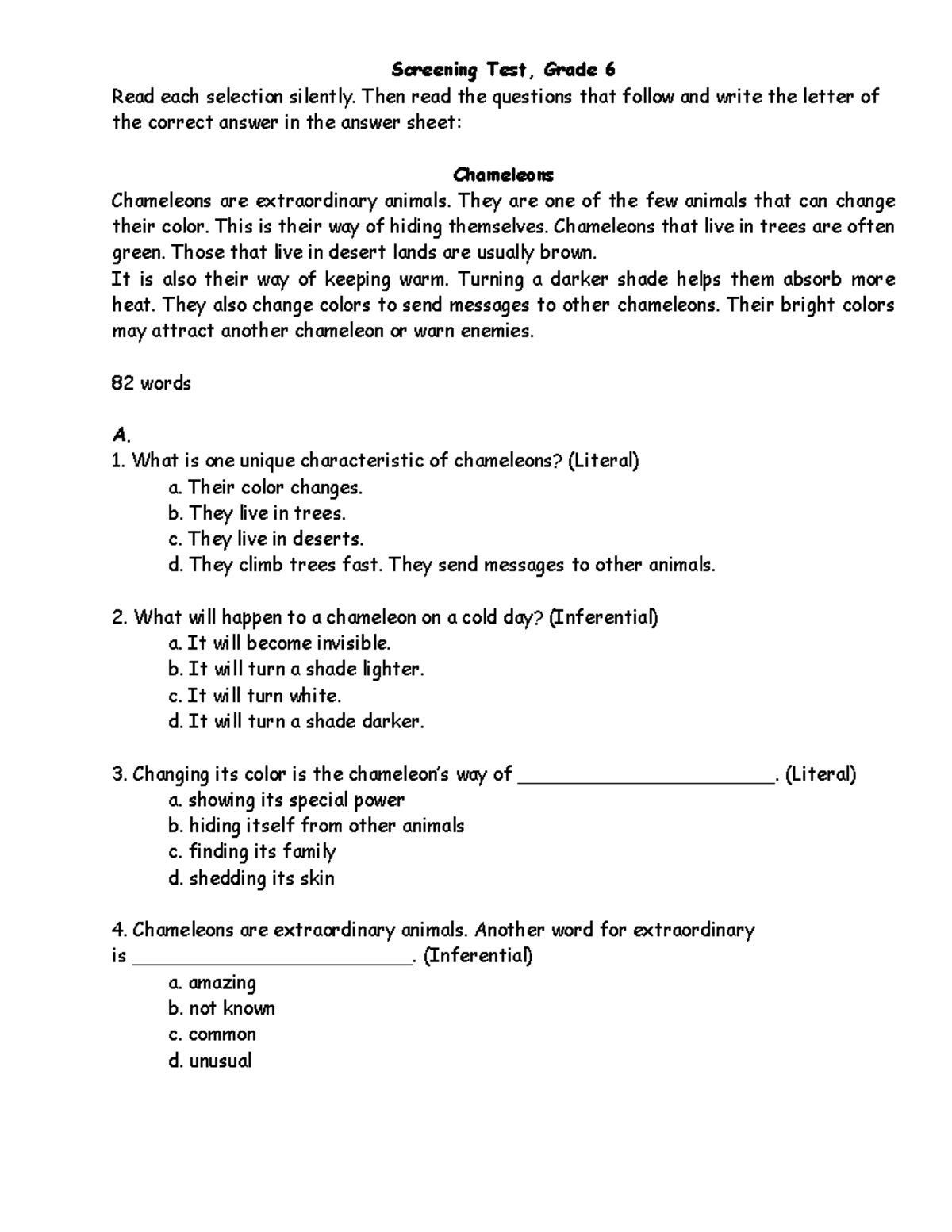 Phil Iri-English GST for Grade 6 - Screening Test, Grade 6 Read each ...