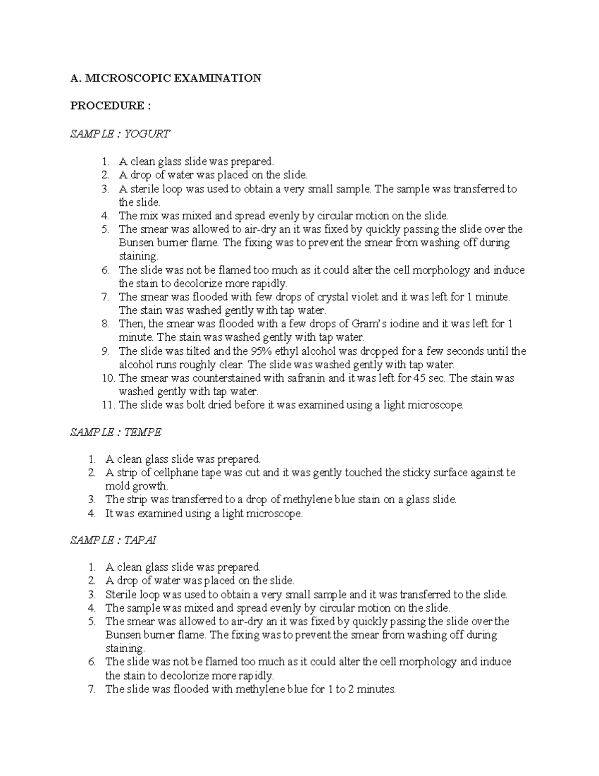 LAB 1 MIC Procedures - .... - A. MICROSCOPIC EXAMINATION PROCEDURE ...
