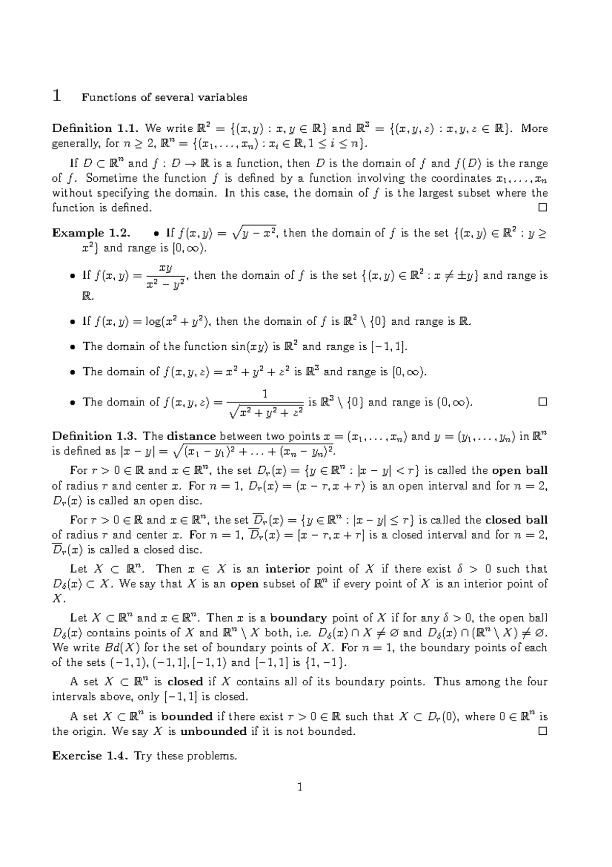 Multivariable Calculus additional notes - 1 Functions of several ...