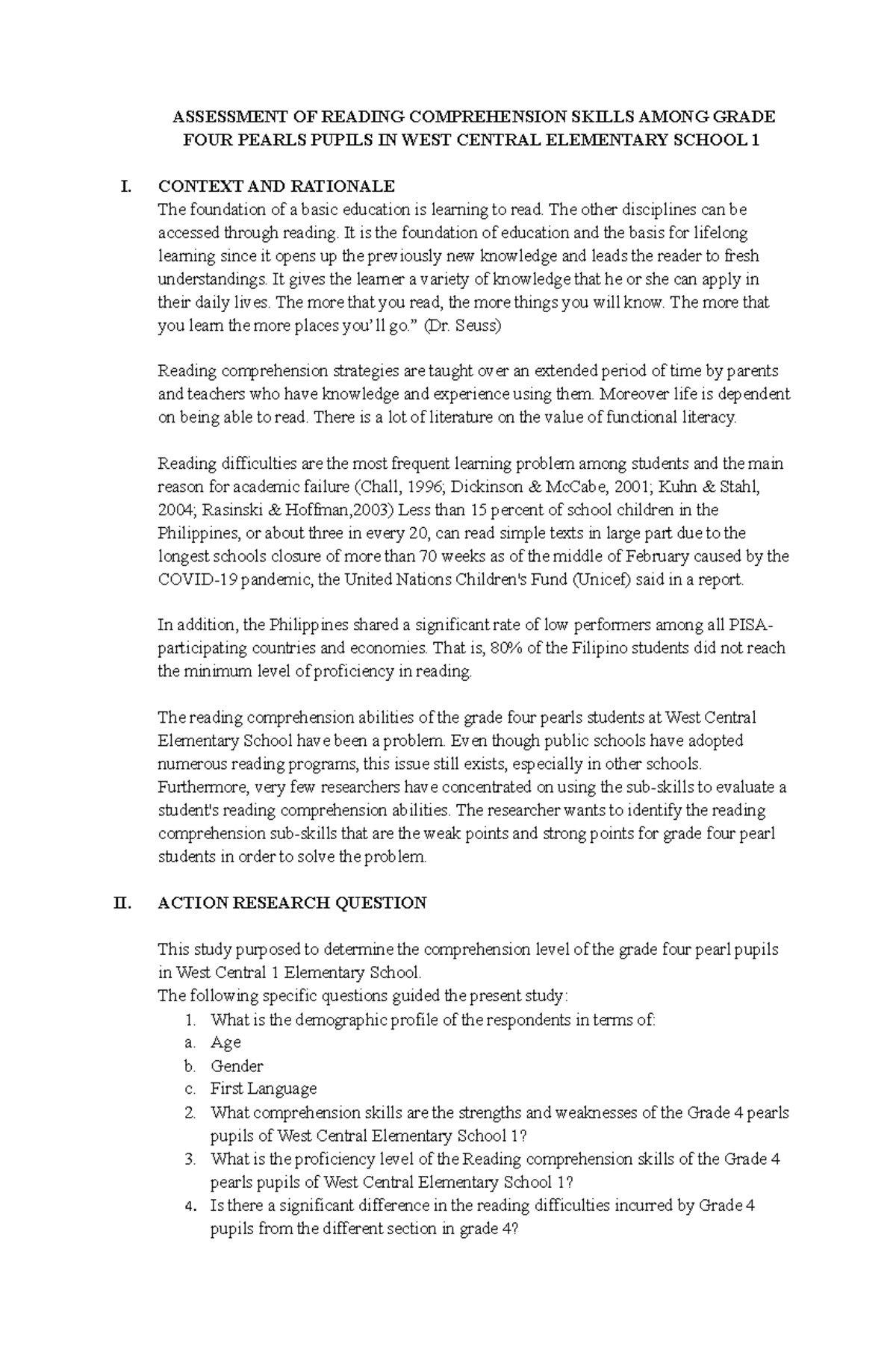 Assessment OF Reading Comprehension Skills Among Grade FOUR Pearls ...
