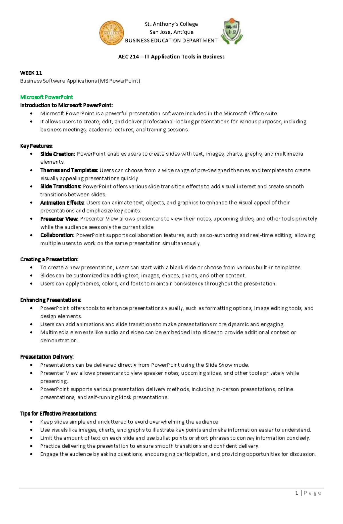 Week 11 Business Software Applications (MS Power Point) - 1 | P a g e ...