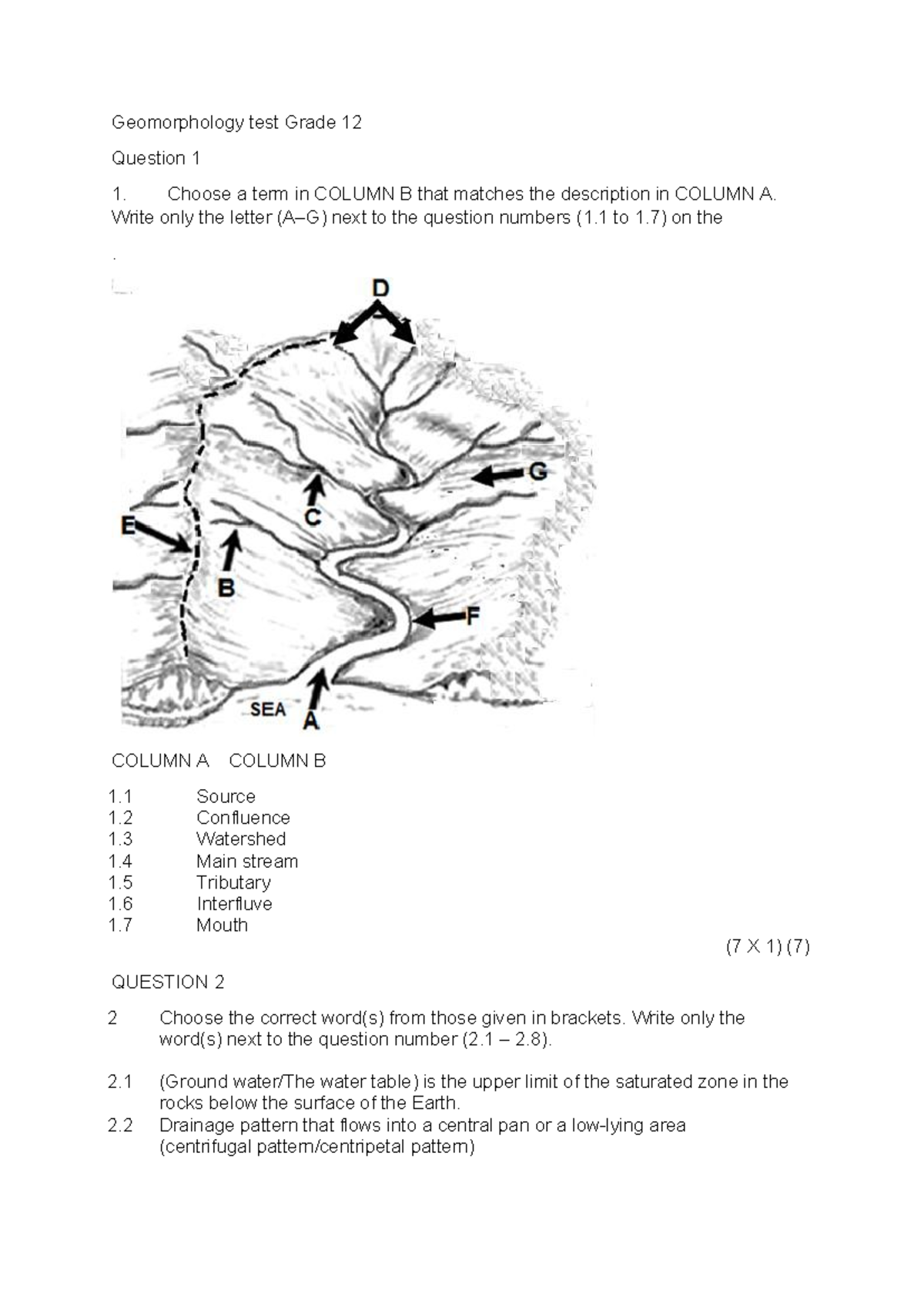 Geomorpfology test1 Grade 12 - Geomorphology test Grade 12 Question 1 ...