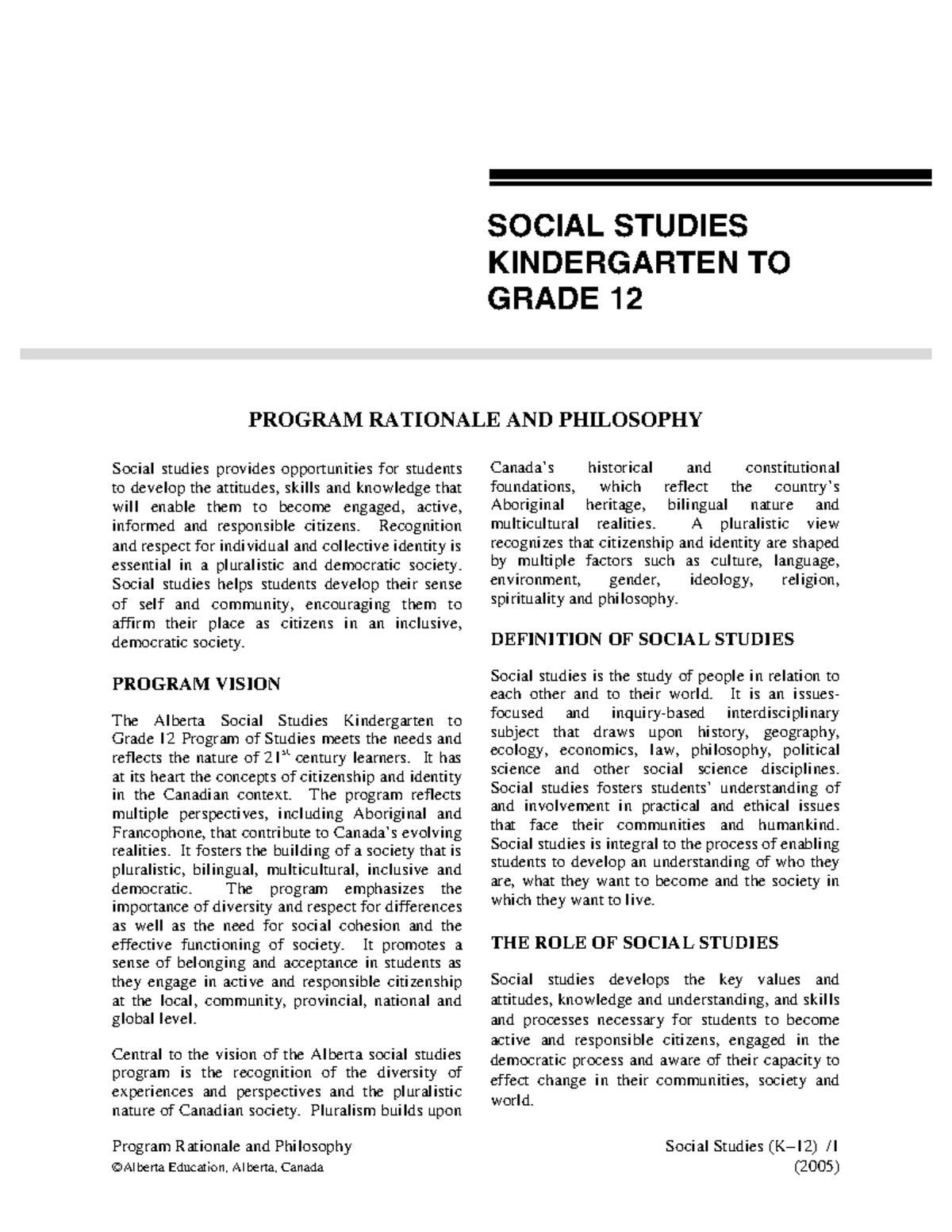 Program Of Studies K 3 Program Rationale And Philosophy Social
