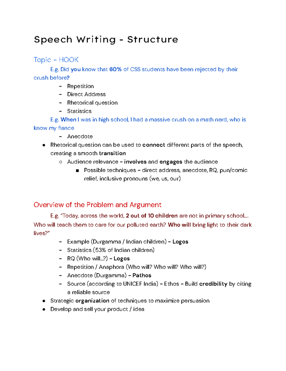 Speech structure notes - Speech Writing - Structure Topic - HOOK E. Did ...