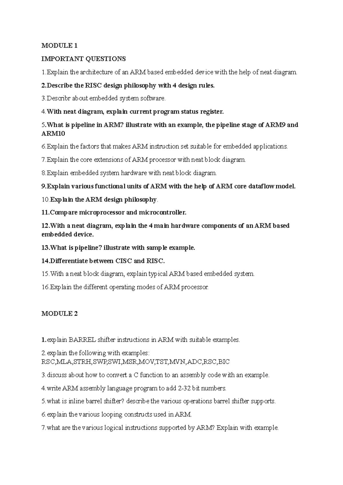 MES module wise QB for exam - MODULE 1 IMPORTANT QUESTIONS 1 the architecture of an ARM based ...