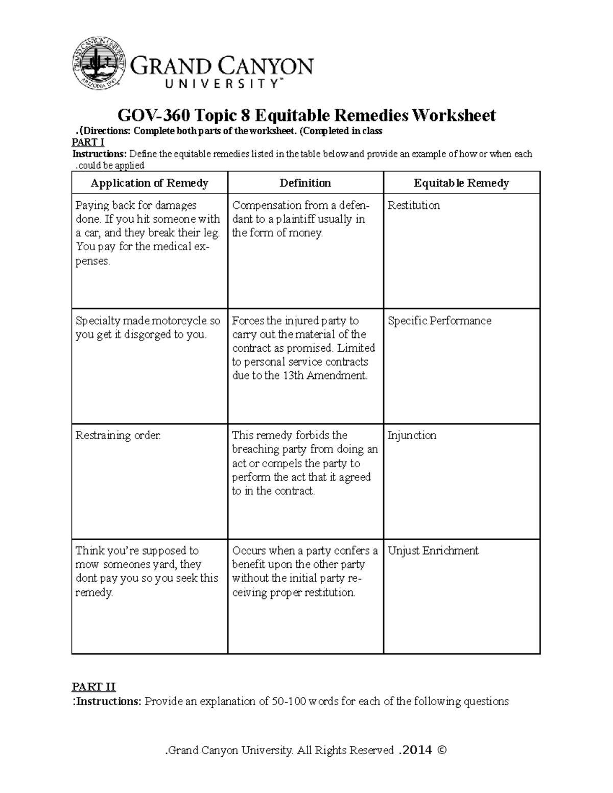 Equitable remides - Worksheet - .( Directions: Complete both parts of ...