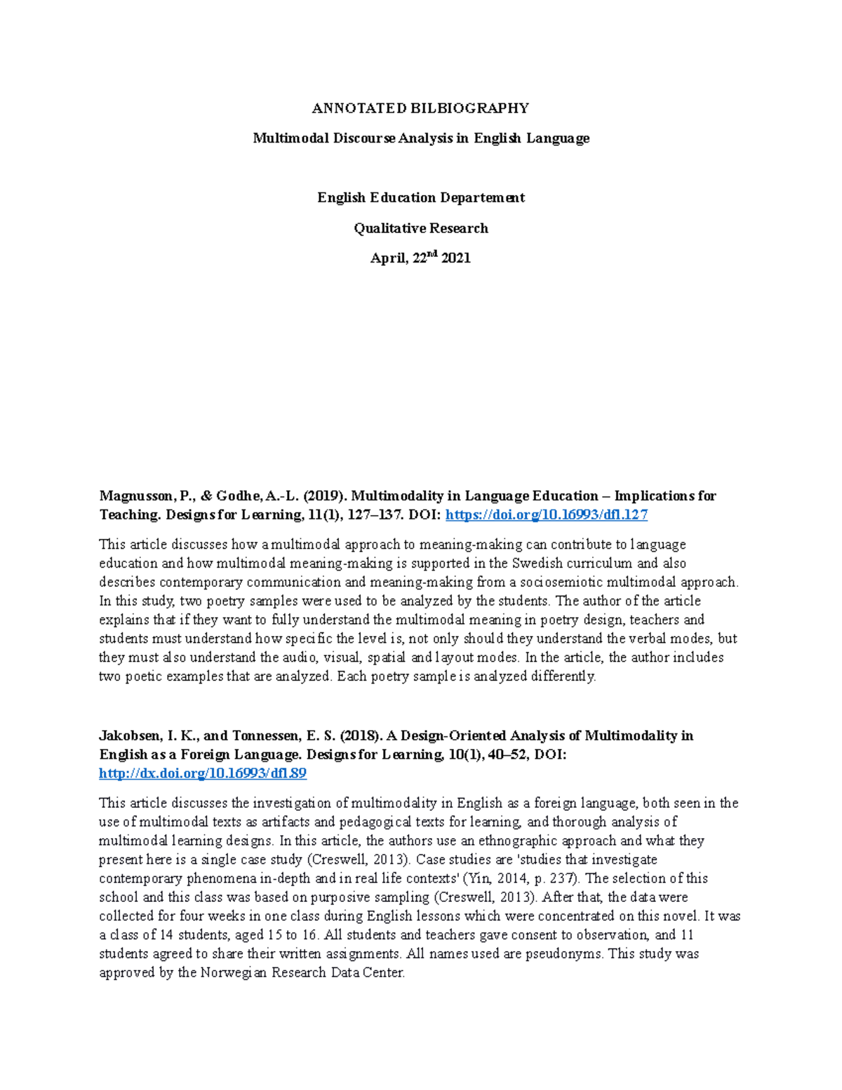 Annotated Bilbiography-Multimodal Discourse Analysis in English ...