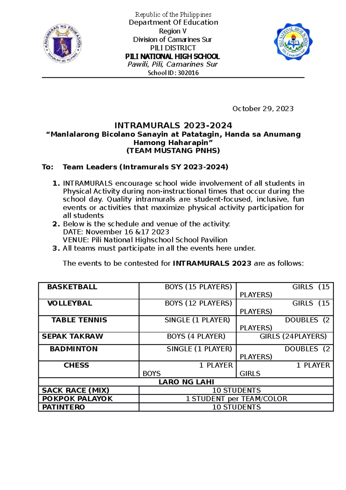 Intramurals-Overall-Guidelines - Republic of the Philippines Department Of Education Region V ...