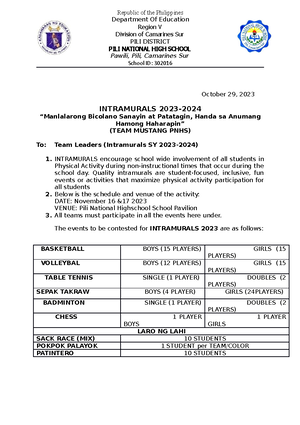 Letter Intramurals TRY OUT - Republic of the Philippines Department of ...