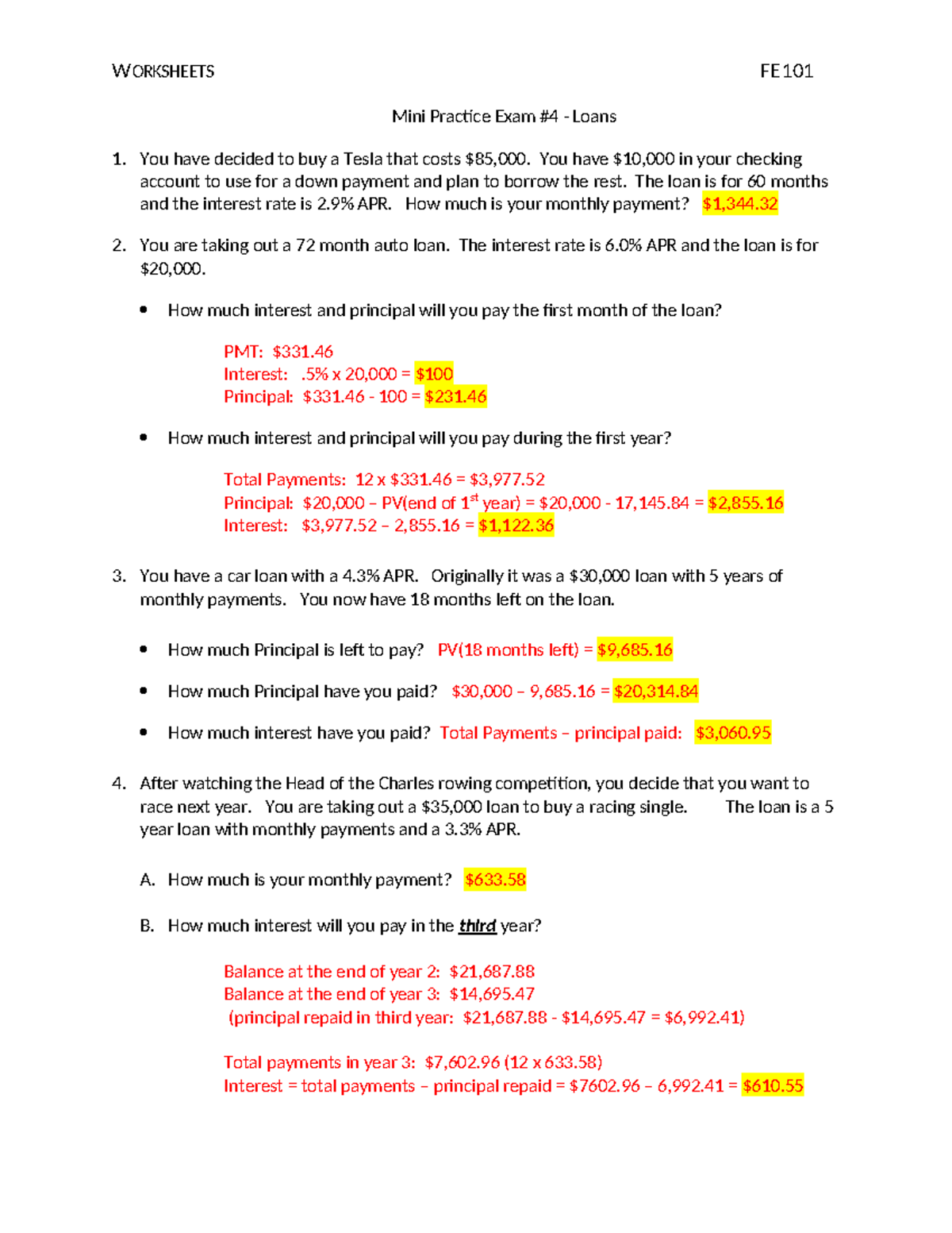 Mini Practice Exam 4 - Loans - answer key - WORKSHEETS FE Mini Practice ...
