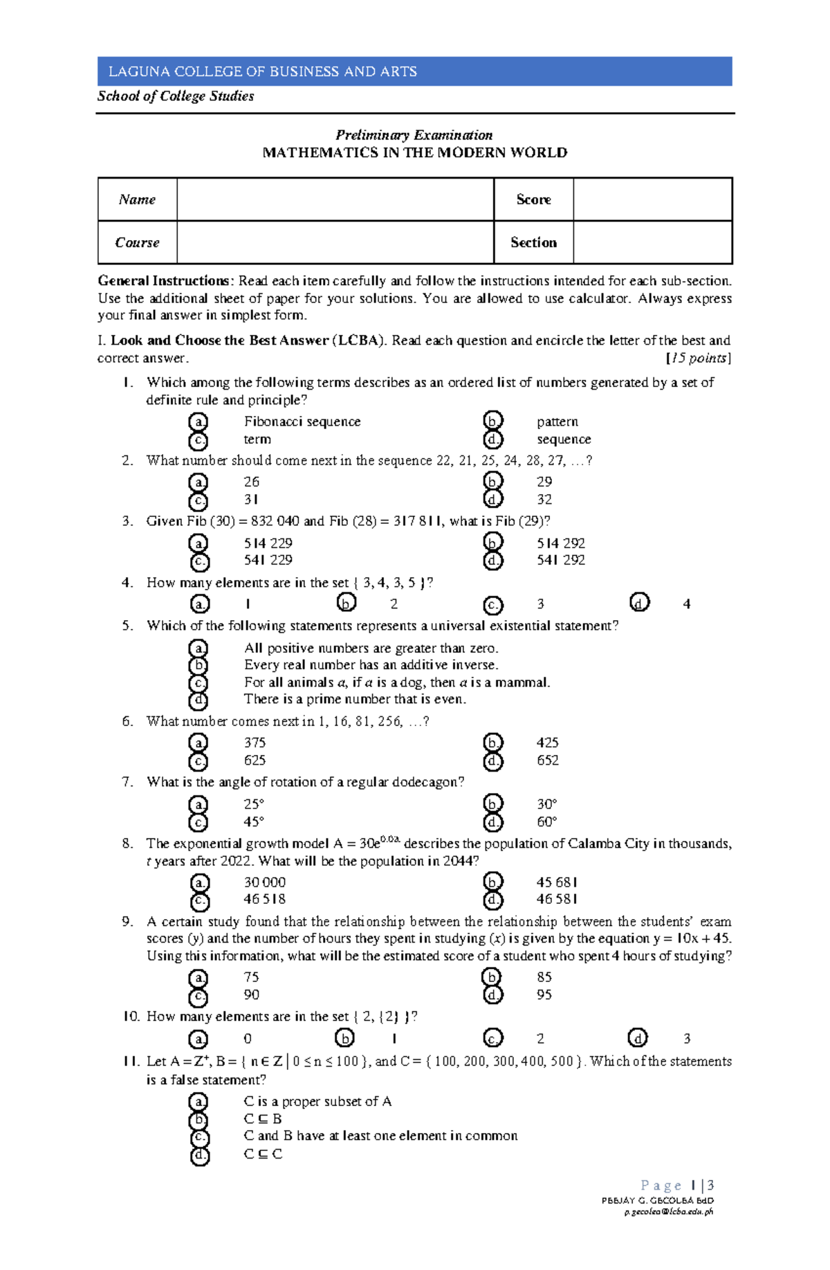 Interactive Prelim-Exam-Math-101-1 - School of College Studies P a g e ...