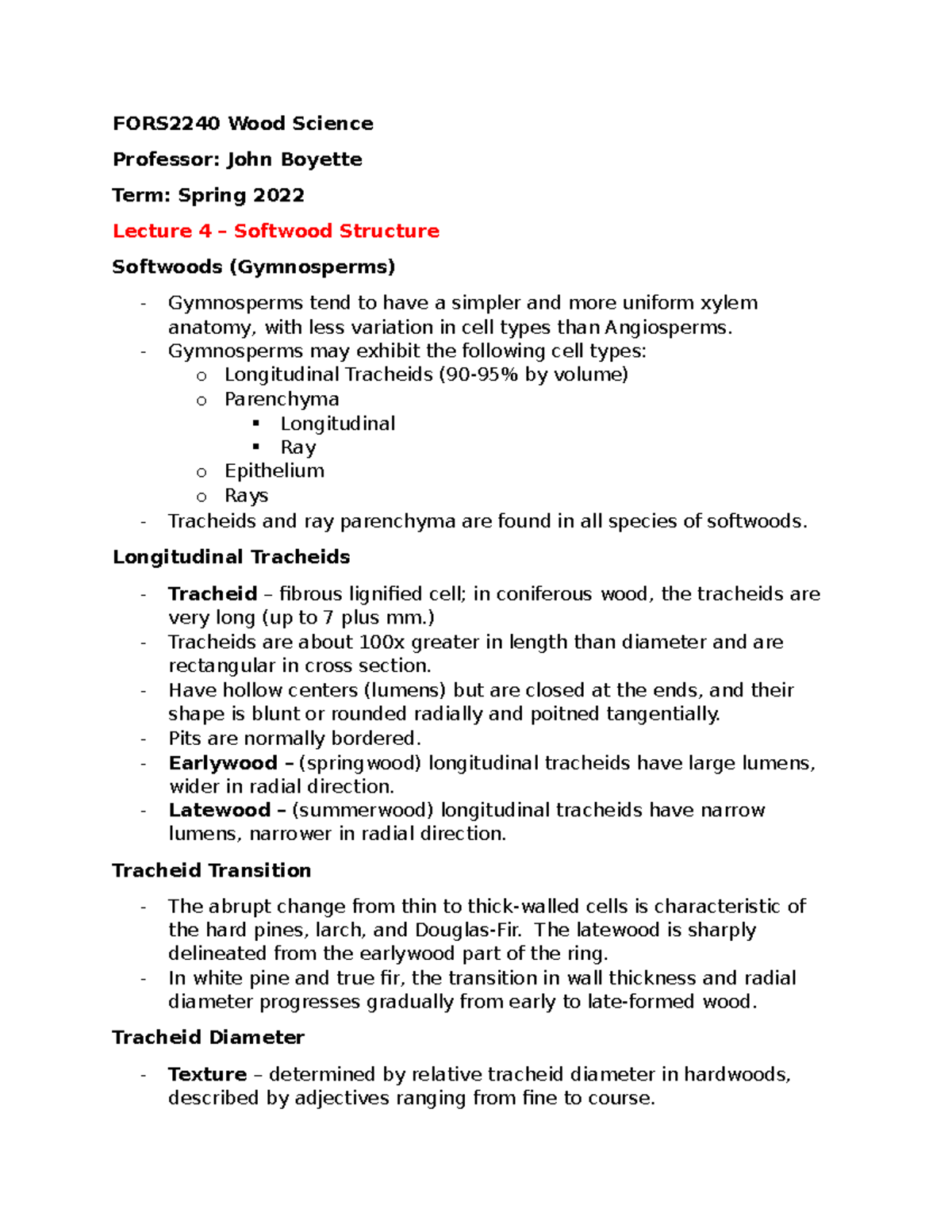 FORS2240 Lecture 4 Softwood Structure - FORS2240 Wood Science Professor ...