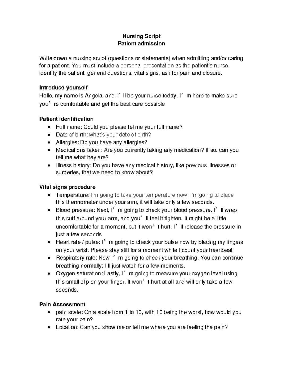 Lastname Firstname Admission Script - Nursing Script Patient admission ...