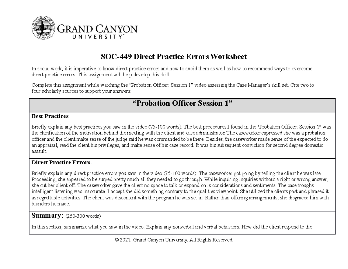 SOC-449 - assignment - SOC-449 Direct Practice Errors Worksheet In ...