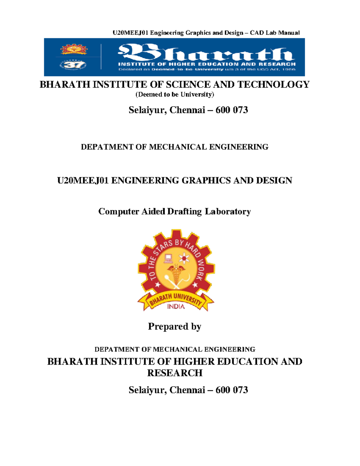 U20MEEJ01 EG - CAD Lab Manual Updated - BHARATH INSTITUTE OF SCIENCE AND TECHNOLOGY (Deemed to ...