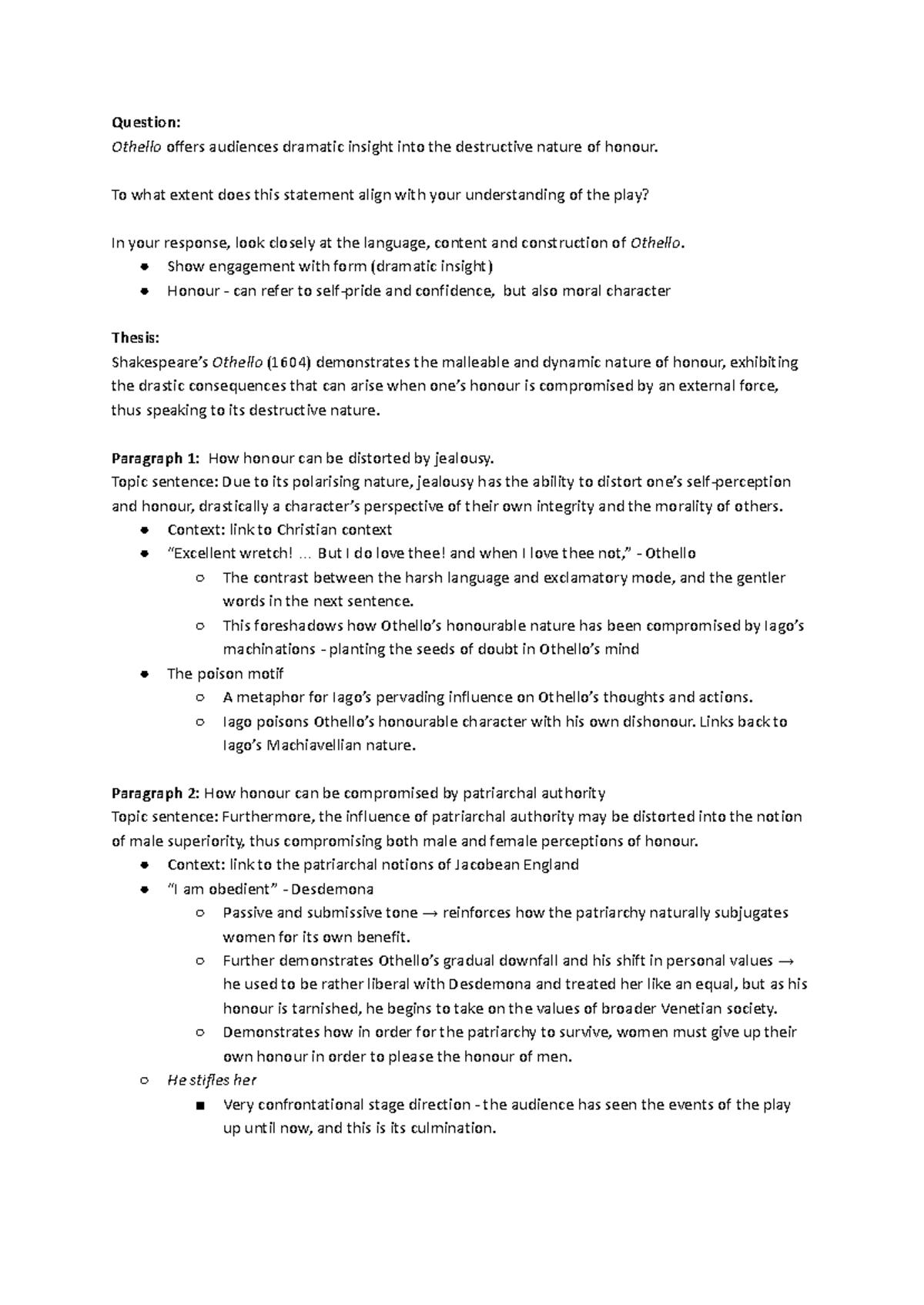 Othello Essay Plan - Honour - Question: Othello offers audiences ...