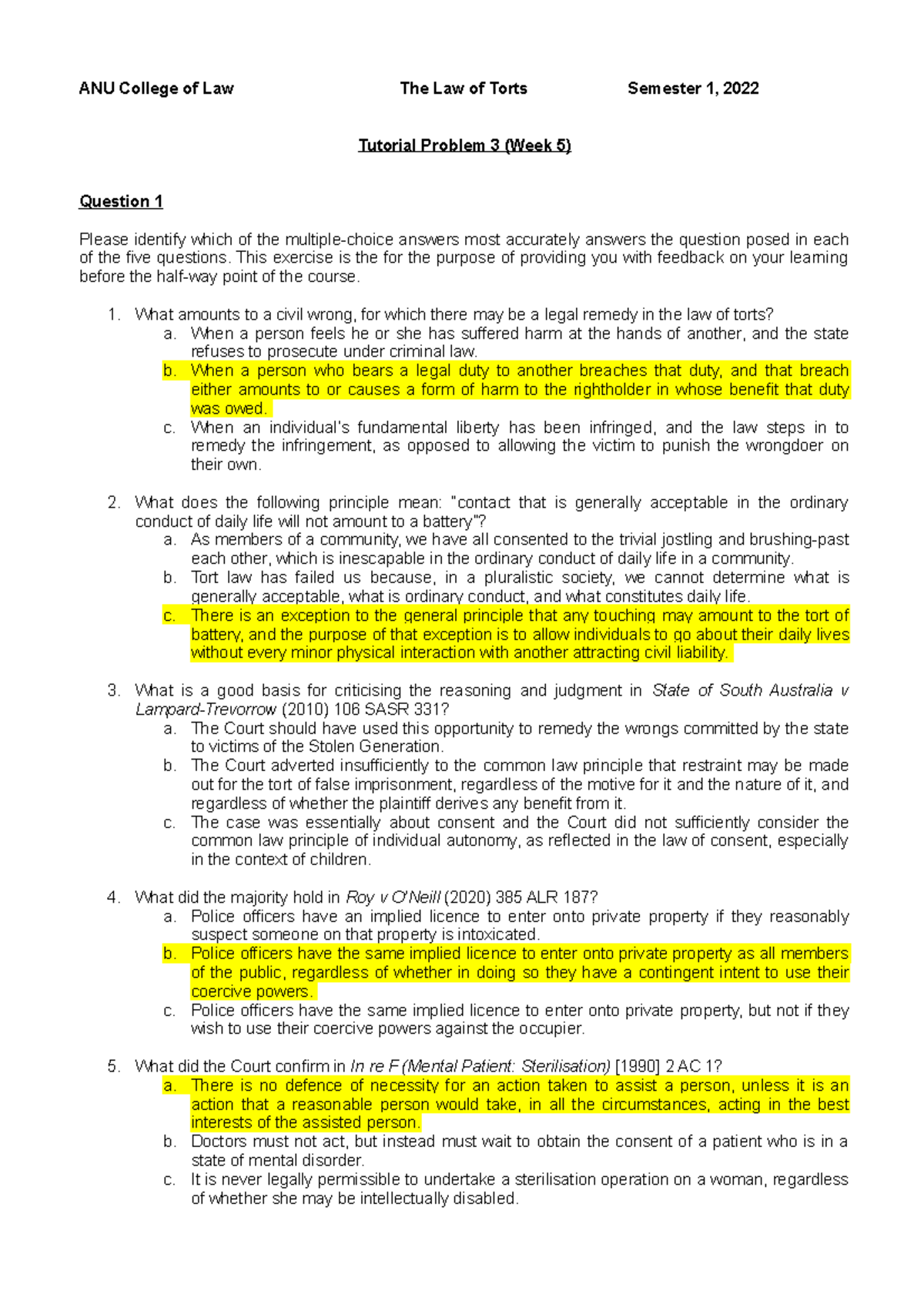 2022 Torts Tutorial 3 (Week 5) - ANU College of Law The Law of Torts Semester 1, 2022 Tutorial ...