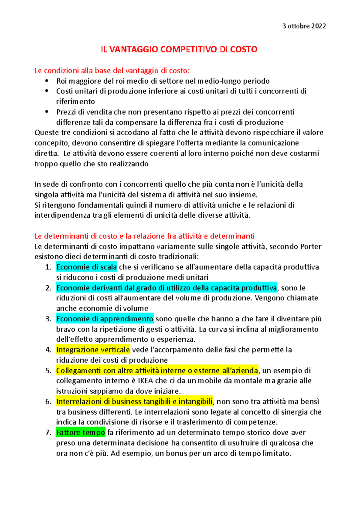 Strategia 4 - Appunti di lezione - IL VANTAGGIO COMPETITIVO DI COSTO Le ...
