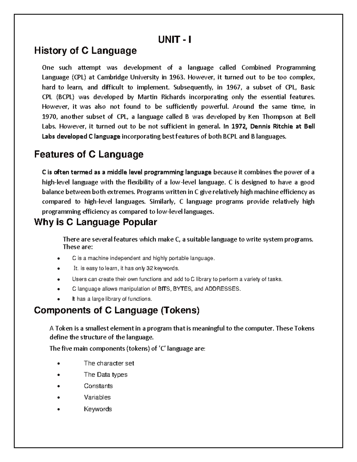 Programming Principles and Algorithms - UNIT - I History of C Language ...