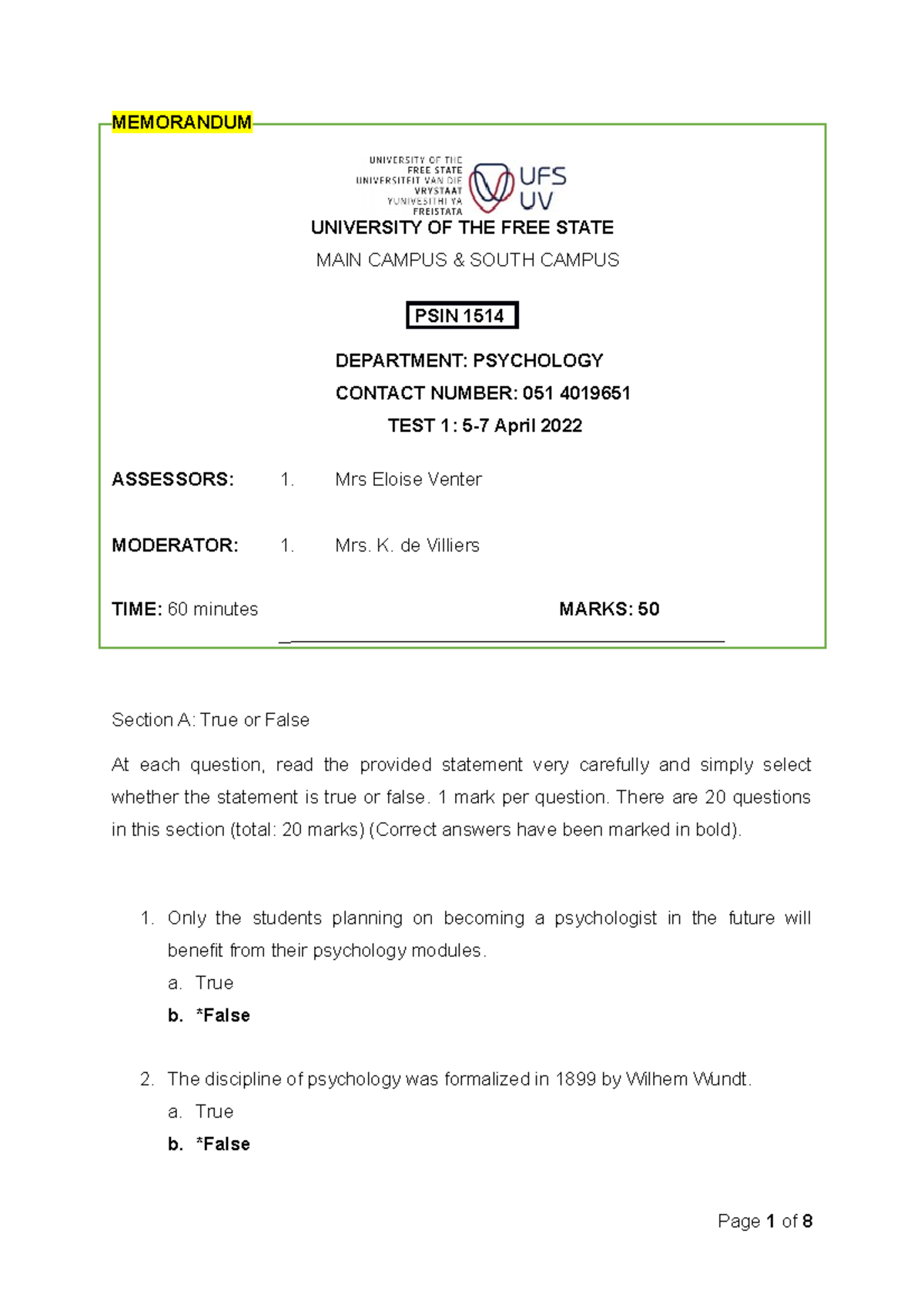 Example Previous TEST 1 MEMO - MEMORANDUM UNIVERSITY OF THE FREE STATE ...