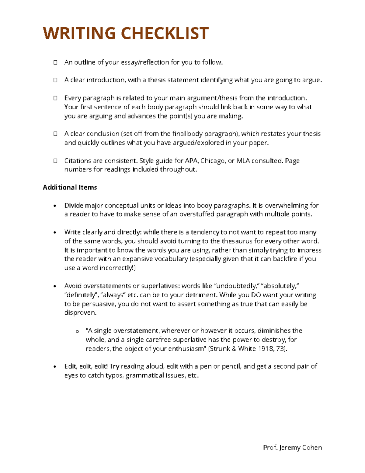 Writing Checklist - WRITING CHECKLIST Prof. Jeremy Cohen ฀ An outline ...