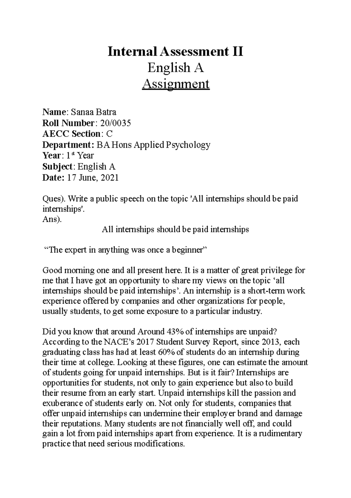 Speech writing - Internal Assessment II English A Assignment Name ...