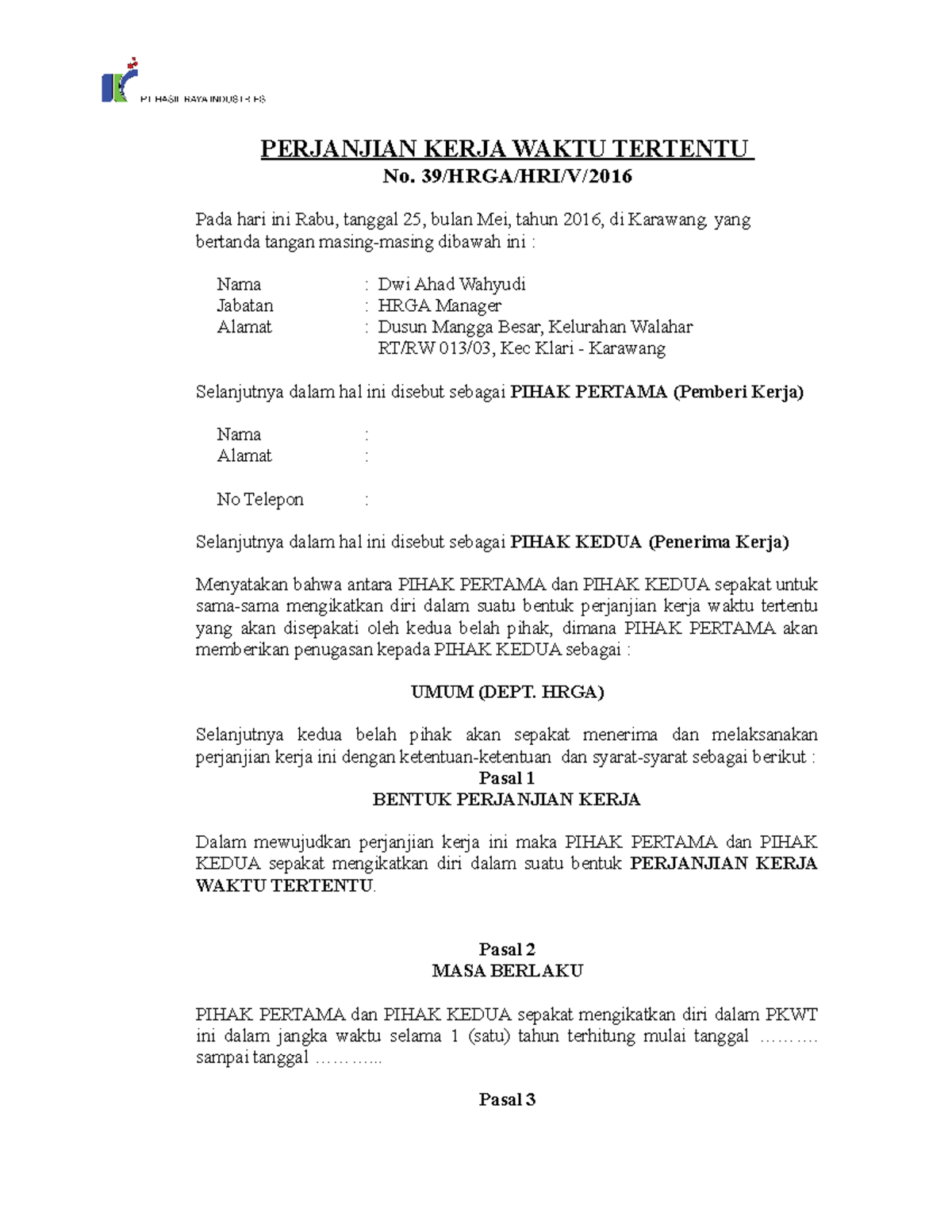 04 Format PKWT - PERJANJIAN KERJA WAKTU TERTENTU No. 39/HRGA/HRI/V ...