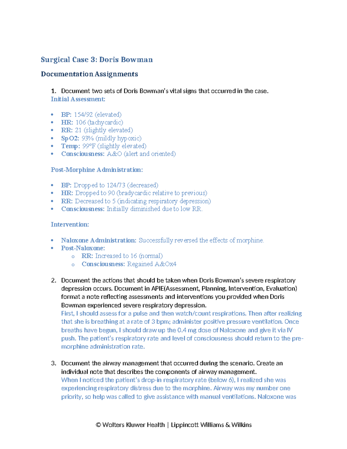 Bowman Virtual Sim - Surgical Case 3: Doris Bowman Documentation Assignments 1. Document two ...