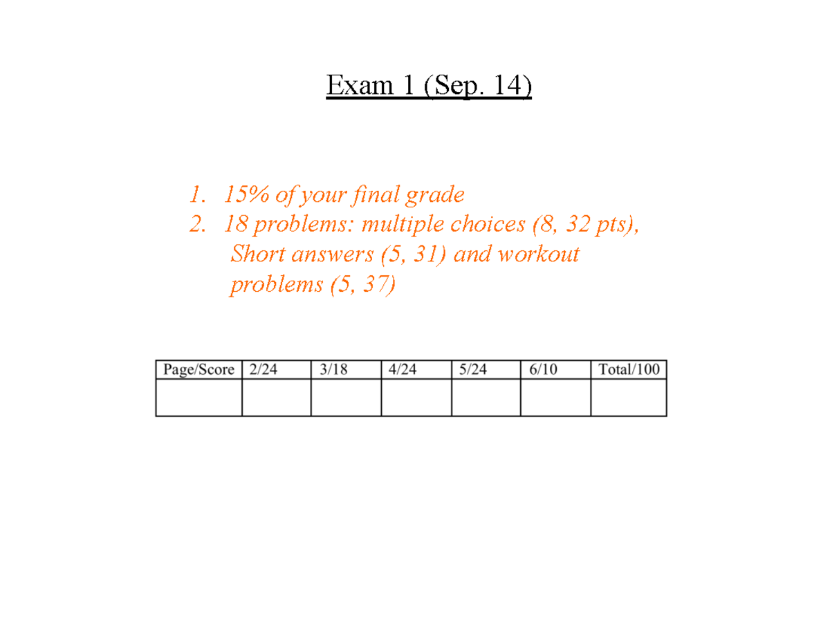 Exam 1 study guide - Exam 1 (Sep. 14) of your final grade 18 problems ...
