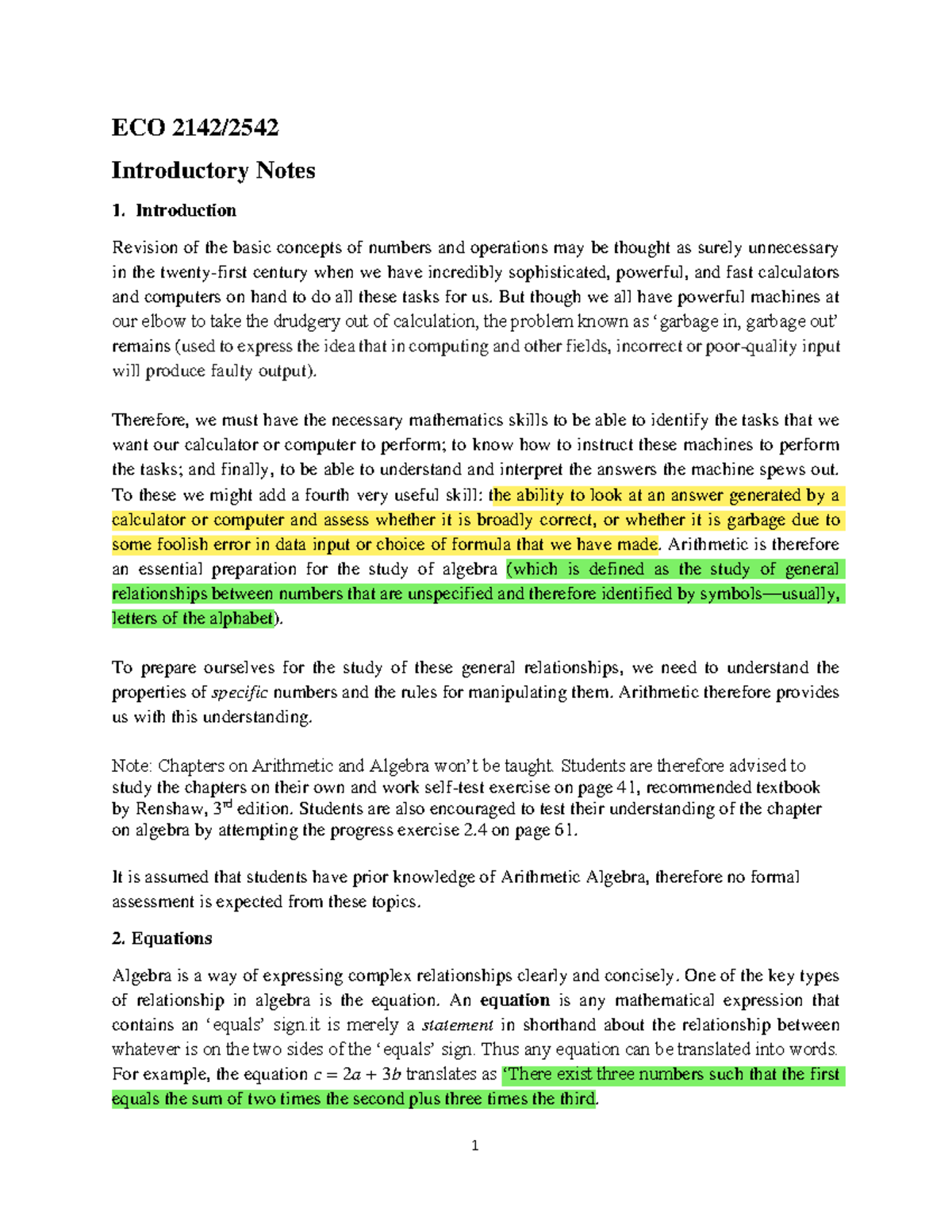 Notes Eco 2542 NO 1 - second year economics - ECO 2142/ Introductory ...