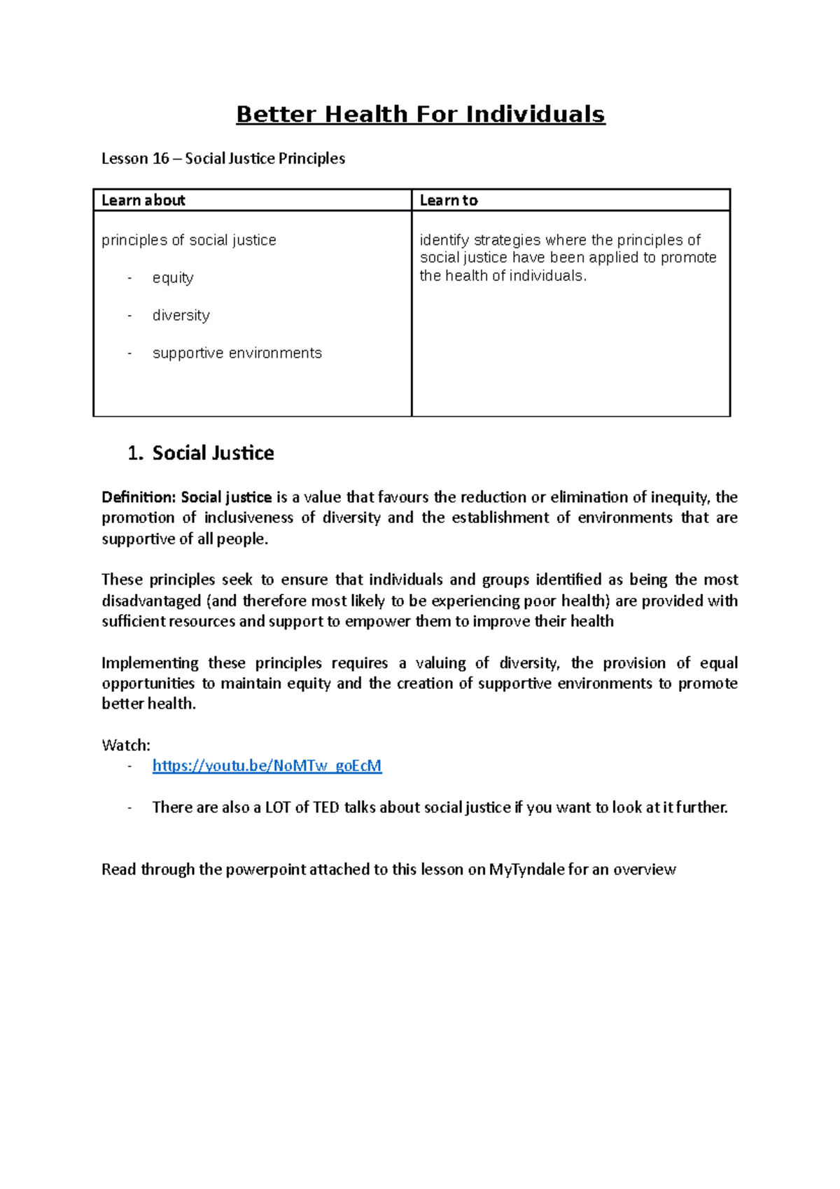 BH11 - Social Justice Principles - Better Health For Individuals Lesson ...